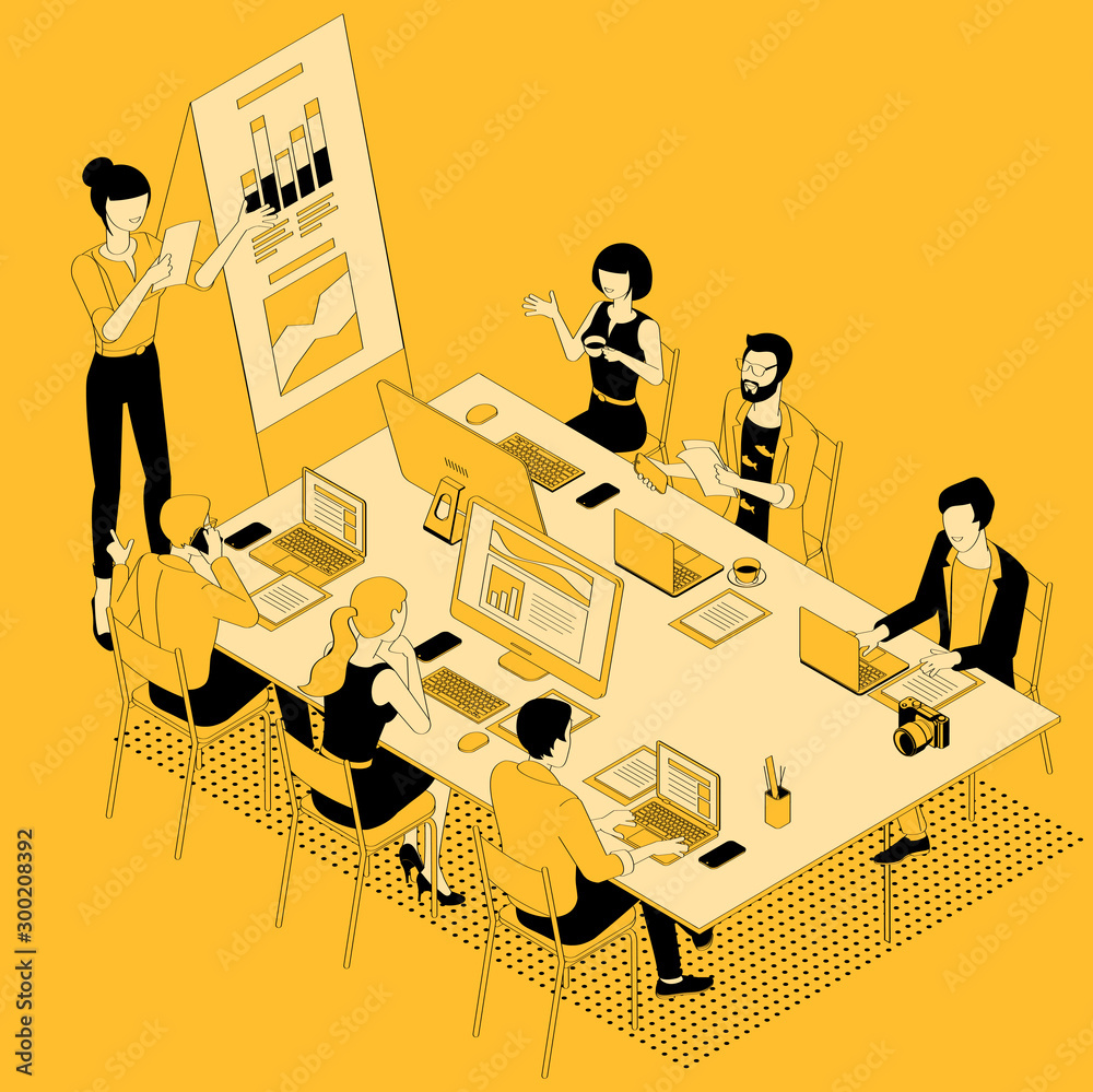 Black and yellow flat design isometric vector illustration of business ...