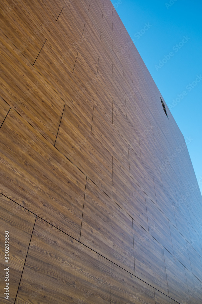 Architectural facade covered with wooden pattern HPL boards Stock Photo ...