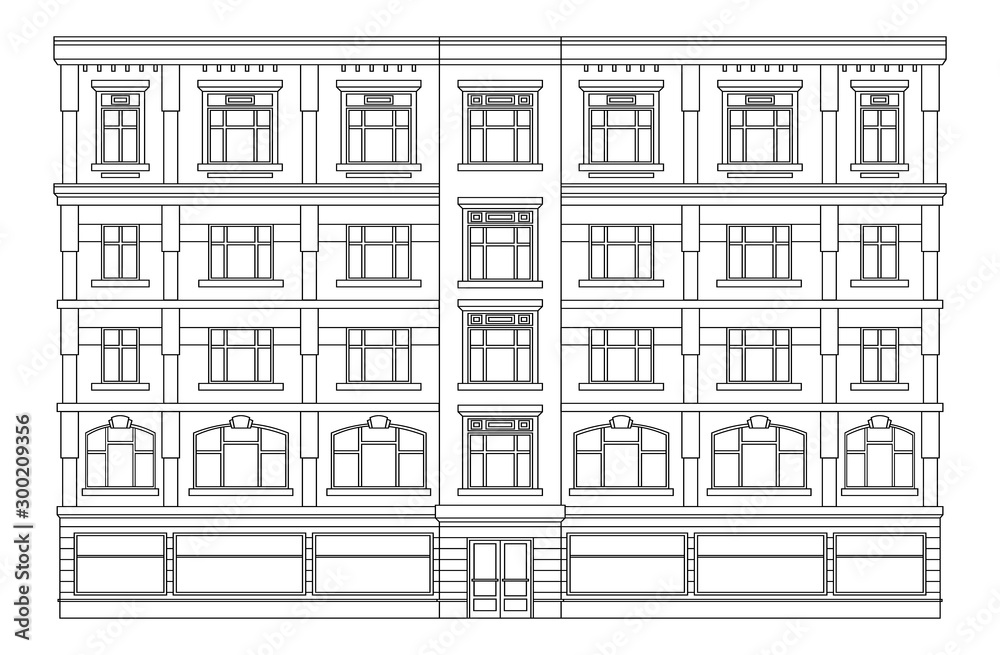 Detail front view house facade building outline contour with shop ...