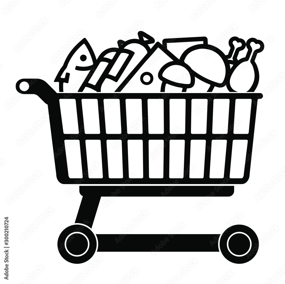 Grocery trolley full of foods. Flat Icon, template for your design ...