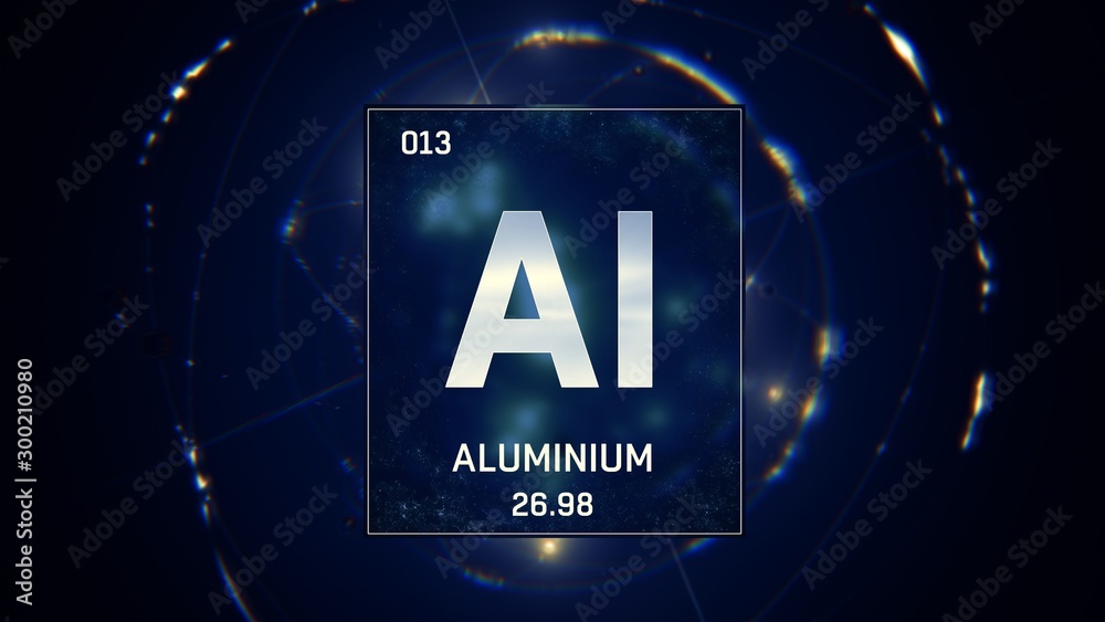3D illustration of Aluminium as Element 13 of the Periodic Table. Blue ...