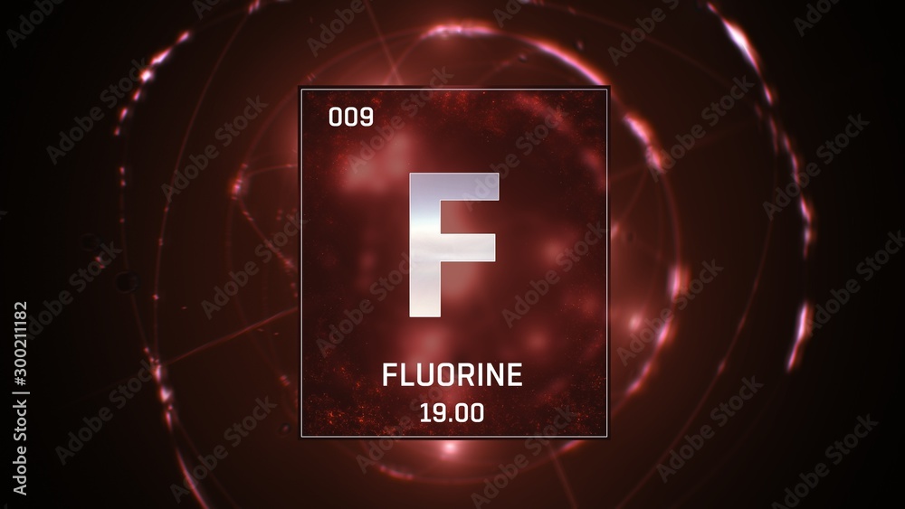 3D illustration of Fluorine as Element 9 of the Periodic Table. Red ...