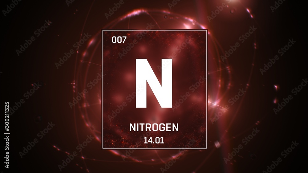 3D illustration of Nitrogen as Element 7 of the Periodic Table. Red ...