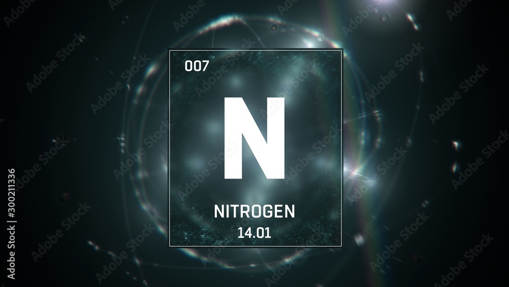 3D illustration of Nitrogen as Element 7 of the Periodic Table. Green ...