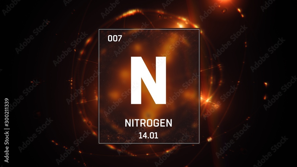 3D illustration of Nitrogen as Element 7 of the Periodic Table. Orange ...