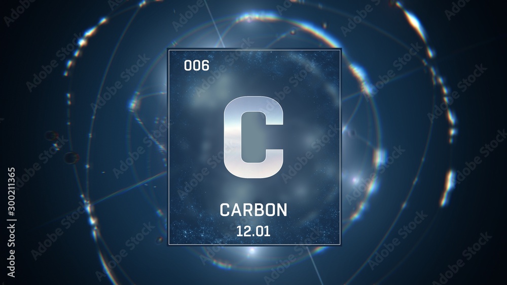 3D illustration of Carbon as Element 6 of the Periodic Table. Blue ...