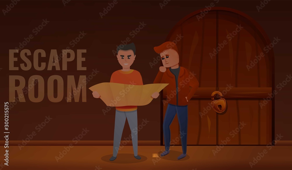 Boys escape room concept banner. Cartoon illustration of boys escape ...