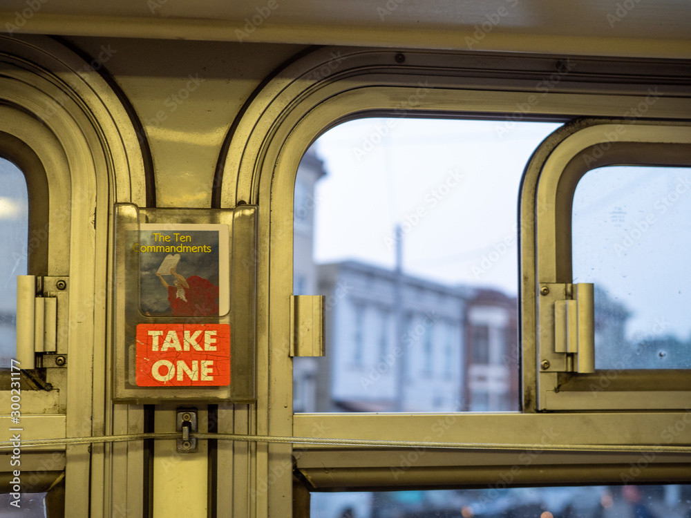 Bus with Ten Commandments religious pamphlet with take one sign handing ...