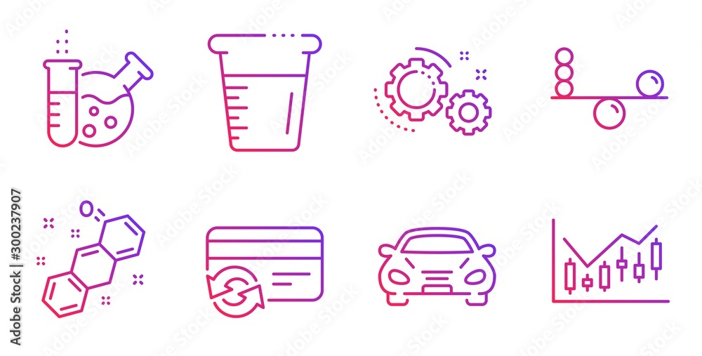 Car, Gears and Chemical formula line icons set. Chemistry lab, Cooking ...