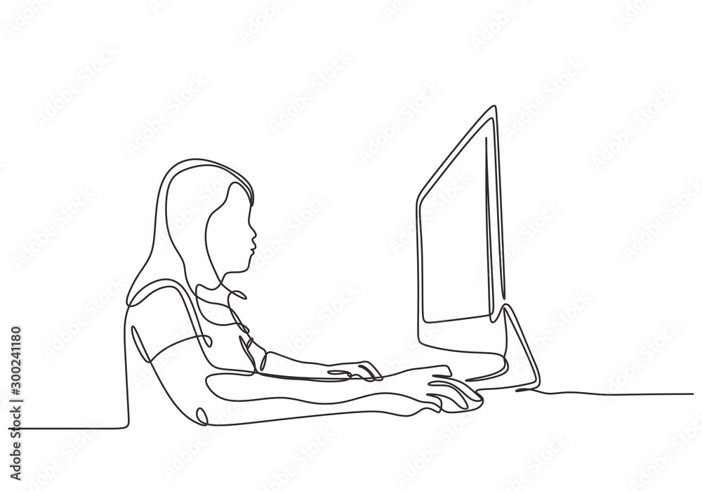 Continuous one line drawing of woman doing work with computer. Young ...