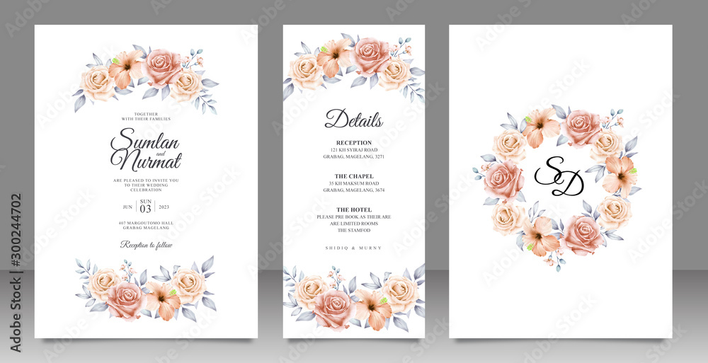 Elegant wedding card set template with flowers and leaves Stock Vector ...