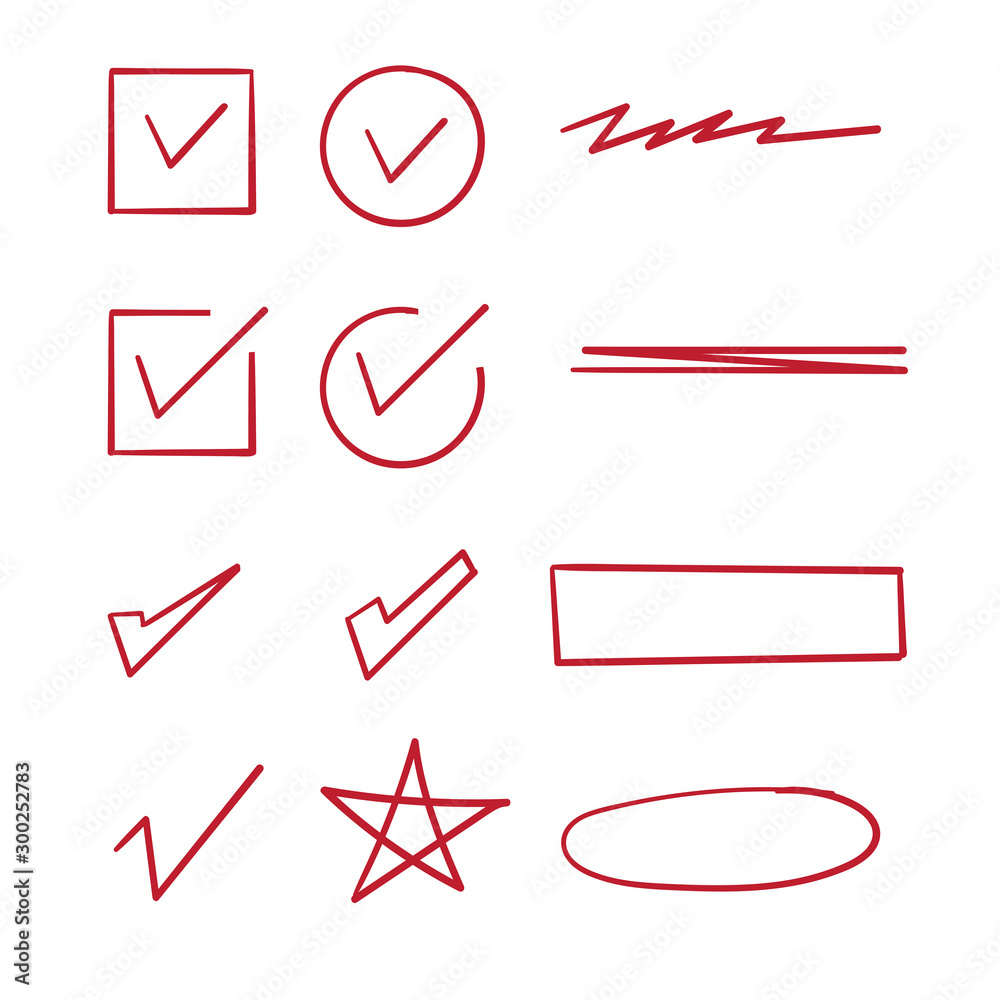 hand drawn check mark, wrong mark, underline,star with hand drawn ...