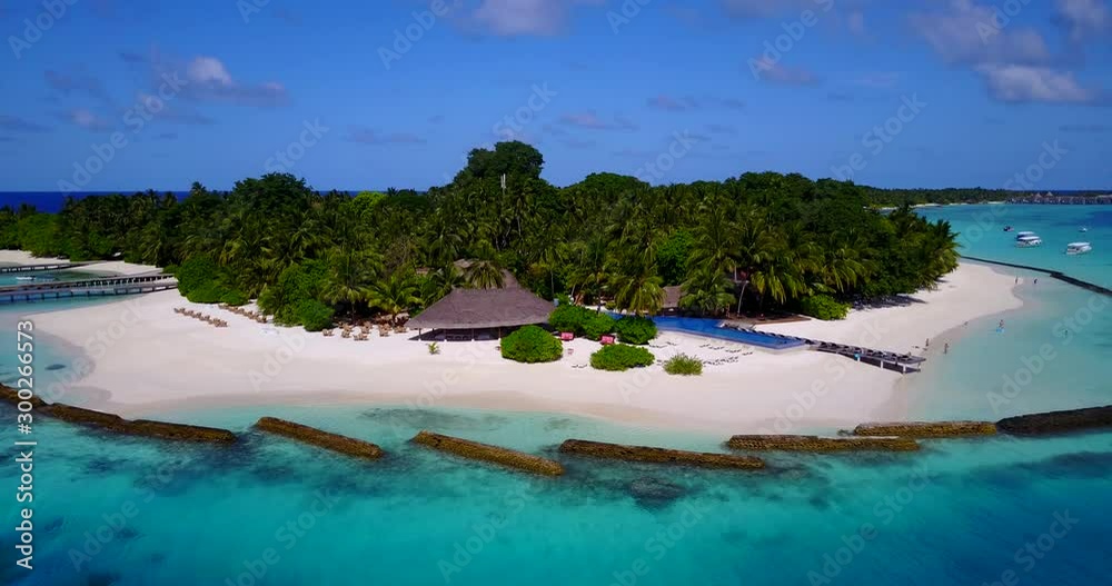 Dreamy tropical island with tall palm trees shade over a luxurious ...