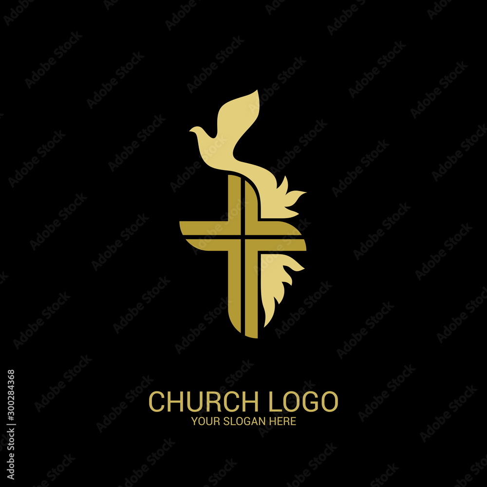 Church logo. Christian symbols. Cross of the Savior Jesus and dove as a ...