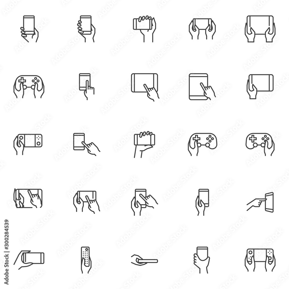 Hands with digital devices line icon set. linear style symbols ...