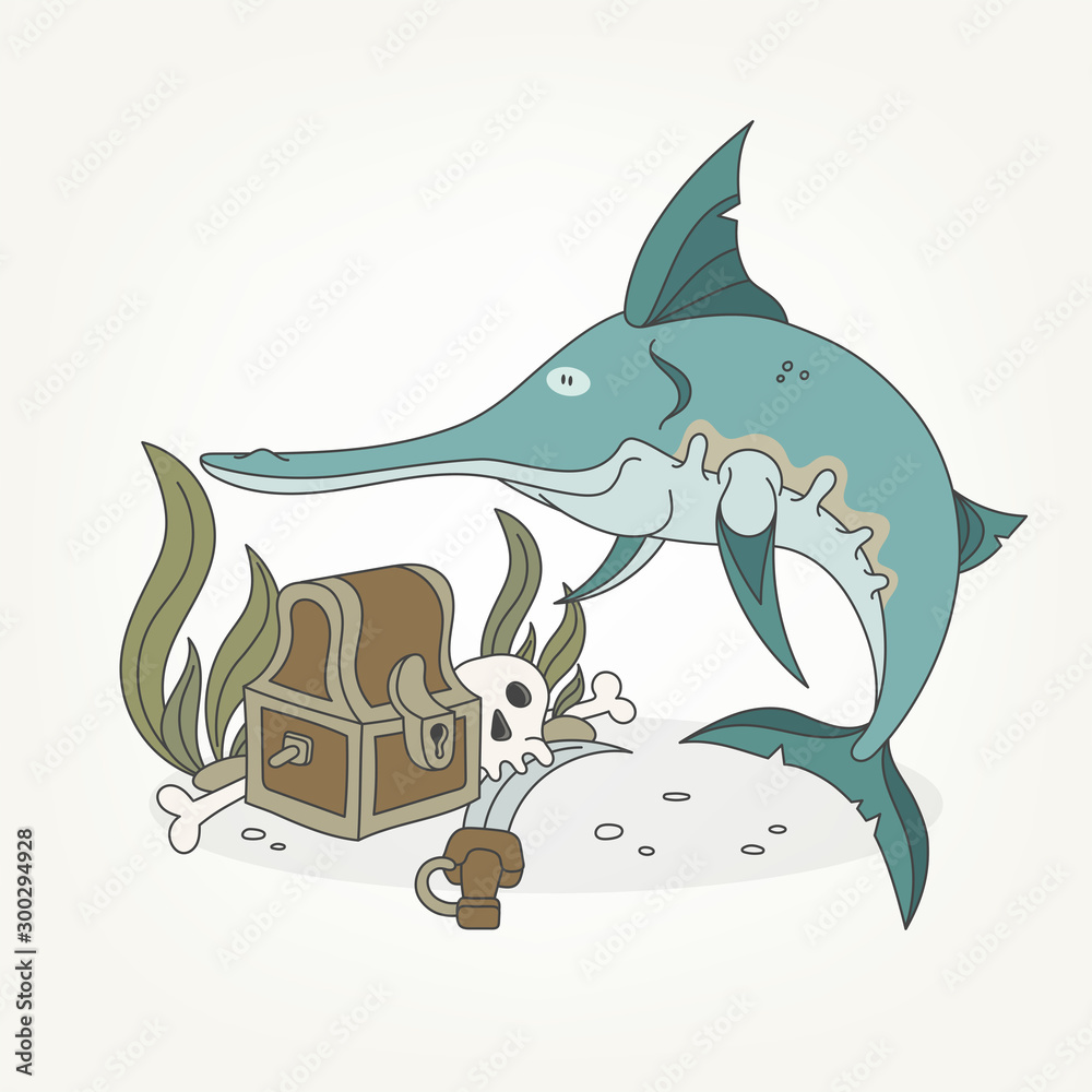 Cartoon character of a water inhabitant. Funny cute fish sword sword ...