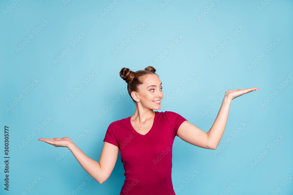 Photo of white pretty cheerful cute nice youngster showing you which ...