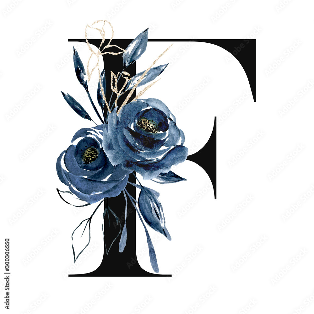 Floral alphabet, letter F with watercolor navy blue flowers and leaf ...