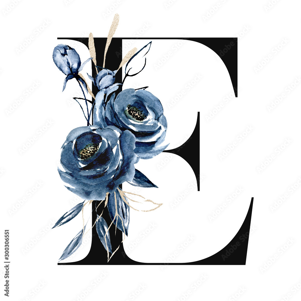 Floral alphabet, letter E with watercolor navy blue flowers and leaf ...