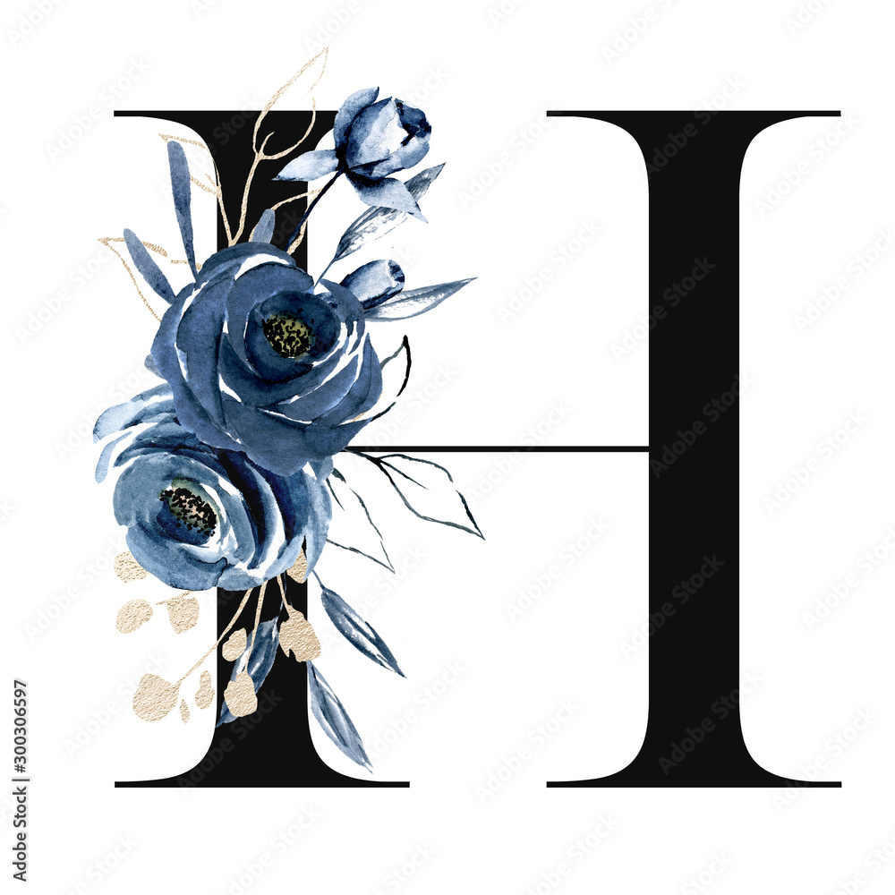 Floral alphabet, letter H with watercolor navy blue flowers and leaf ...
