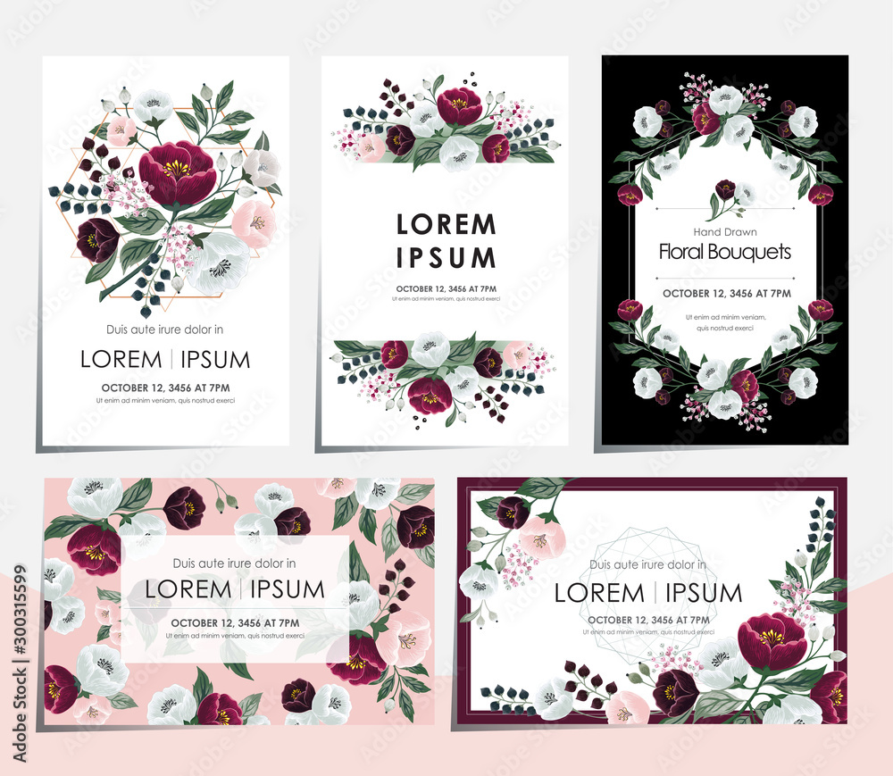 Vector illustration set of hand drawn floral cards for wedding ...