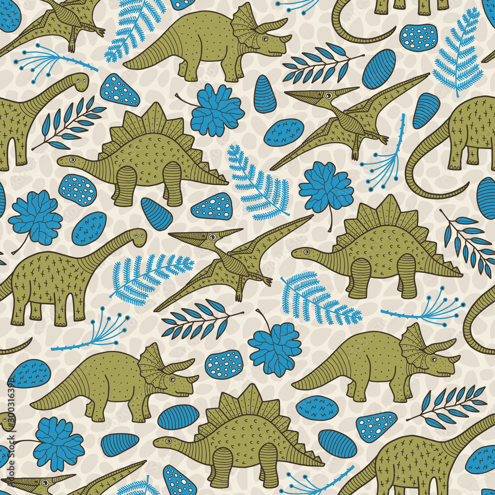 Vector dino seamless pattern in green and blue. Simple doodle dinosaur ...