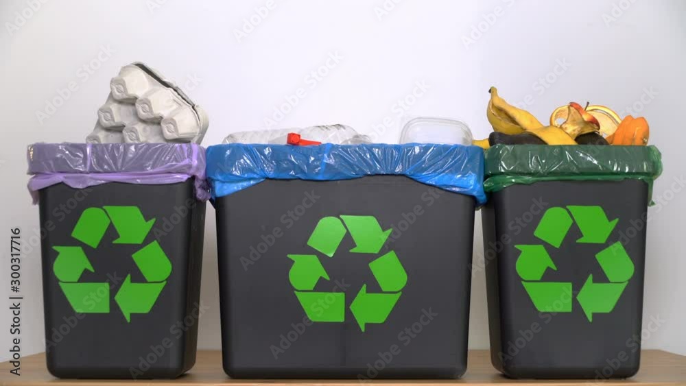 Distribution of waste for recycling at home. A woman's hand puts ...