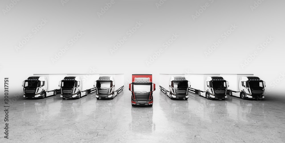 Fleet of trucks with cargo trailers. Transport, shipping industry ...