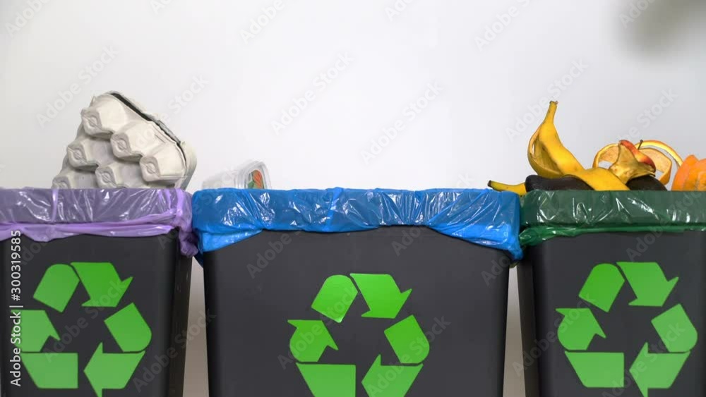 Distribution of waste for recycling at home. A woman's hand puts ...