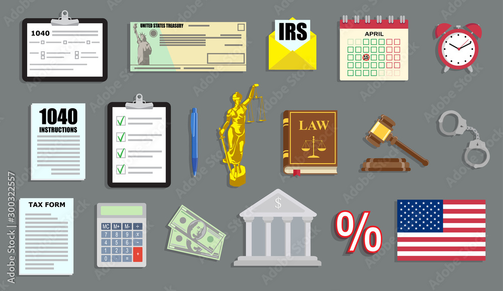 Tax period vector illustration set with IRS papers and judgement items ...