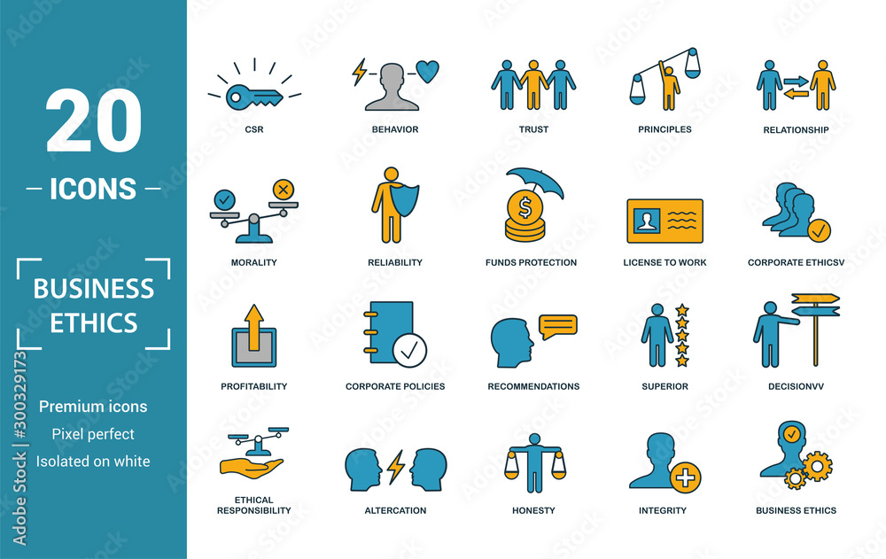 Business Ethics icon set. Include creative elements csr, trust ...