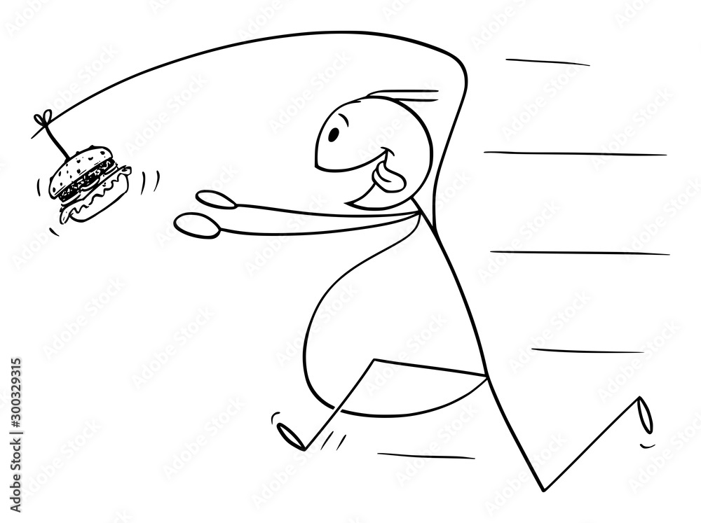 Vector cartoon stick figure drawing conceptual illustration of fat ...