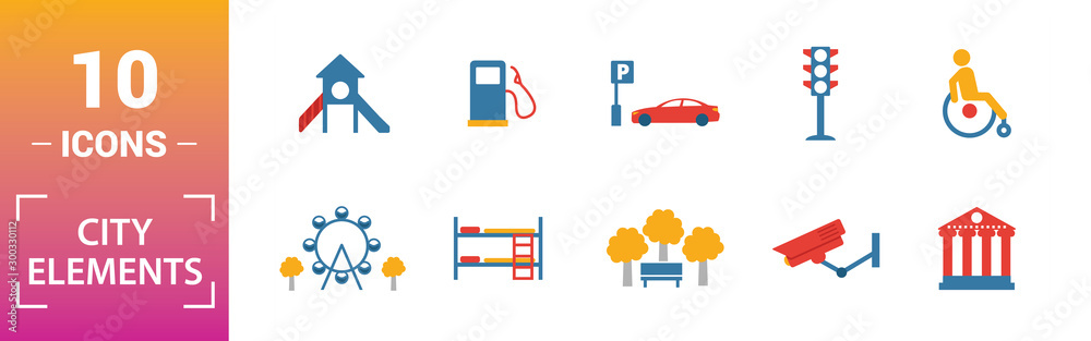 City Elements icon set. Include creative elements restroom sign, public ...