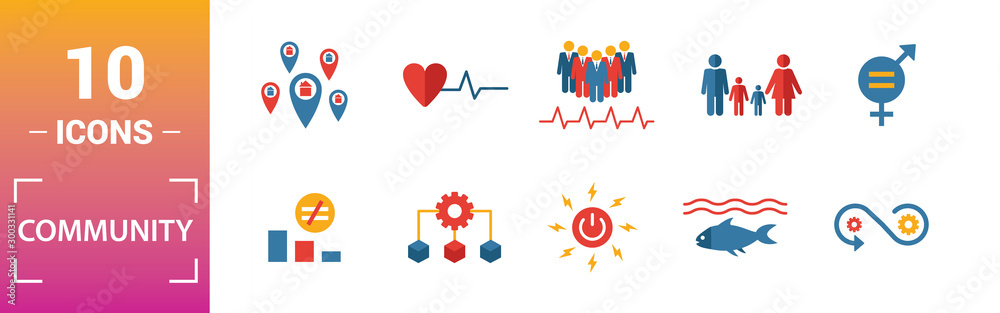 Community icon set. Include creative elements family, gender equality ...
