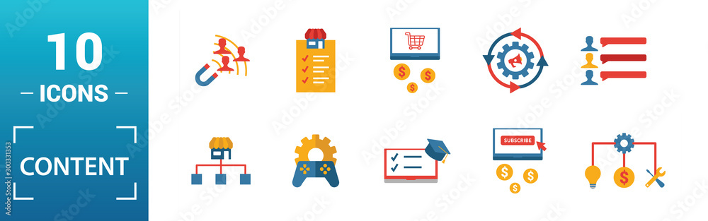 Content icon set. Include creative elements cost per click ...