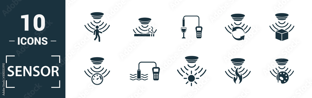 Sensor icon set. Include creative elements water quality sensor, smoke ...