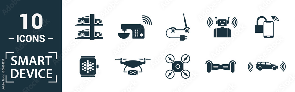 Smart Devices icon set. Include creative elements drone, smart car ...