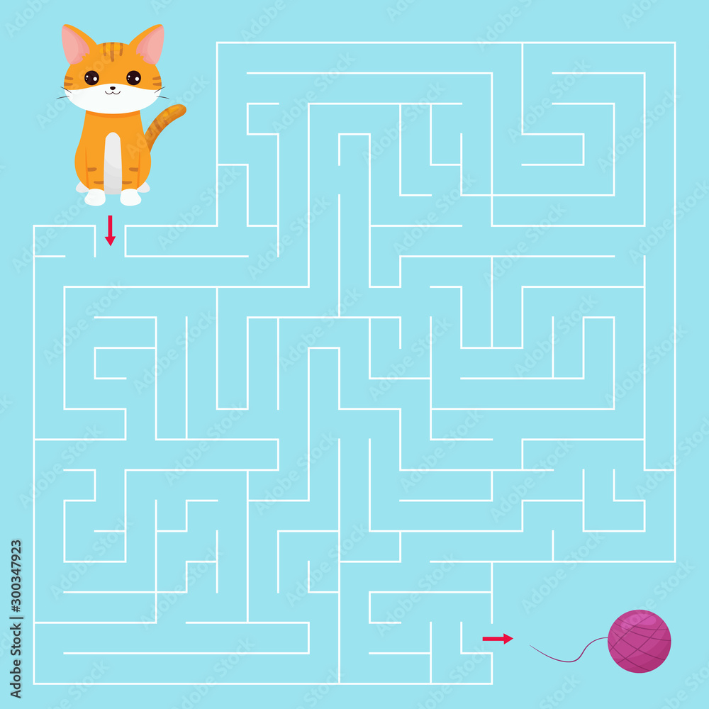 Maze game for preschool kids. Cute kawaii ginger cat finds right way to ...