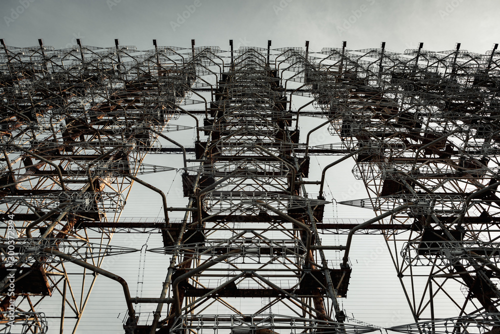 Abandoned 150 meter high Duga-1 radio station with array of antennas in ...