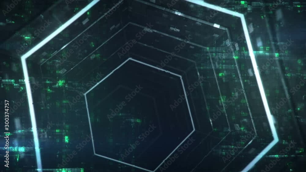 Sci-fi tunnel and digital HEX data. Futuristic interior corridor. 3D render seamless loop ...