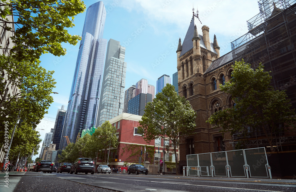 Melbourne urban street view with traditional and modern buildings ...
