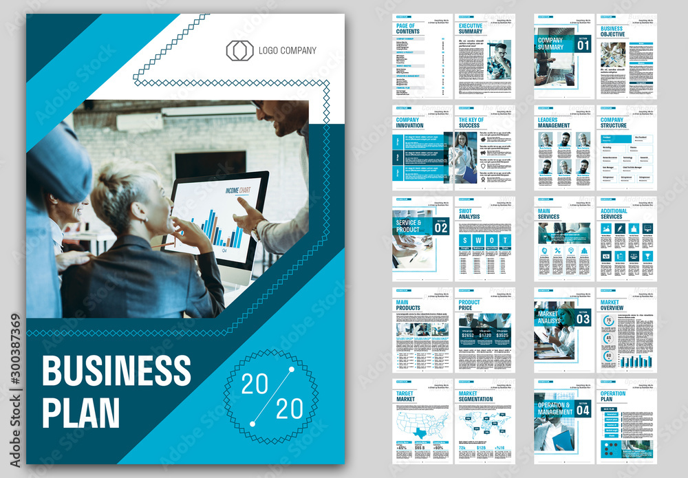 Business Plan Layout with Blue Accents Stock Template | Adobe Stock