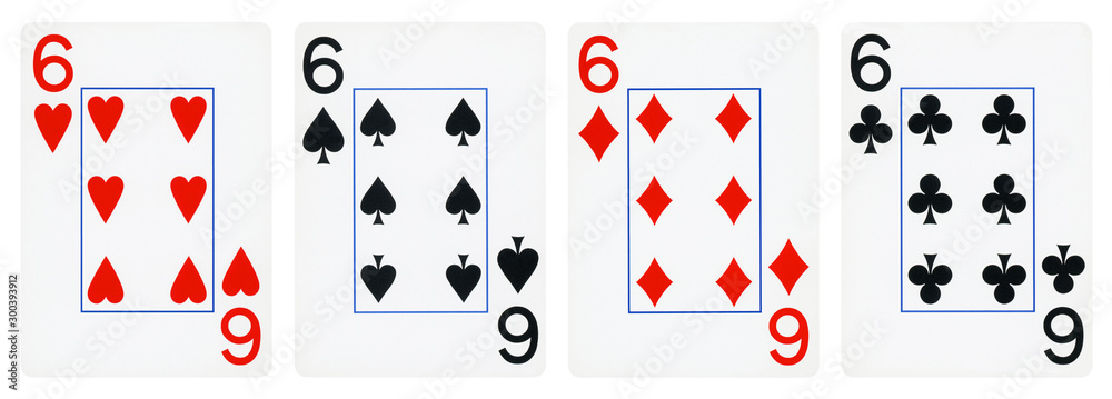 Four Playing Cards Isolated on White Background, Showing Six from Each ...