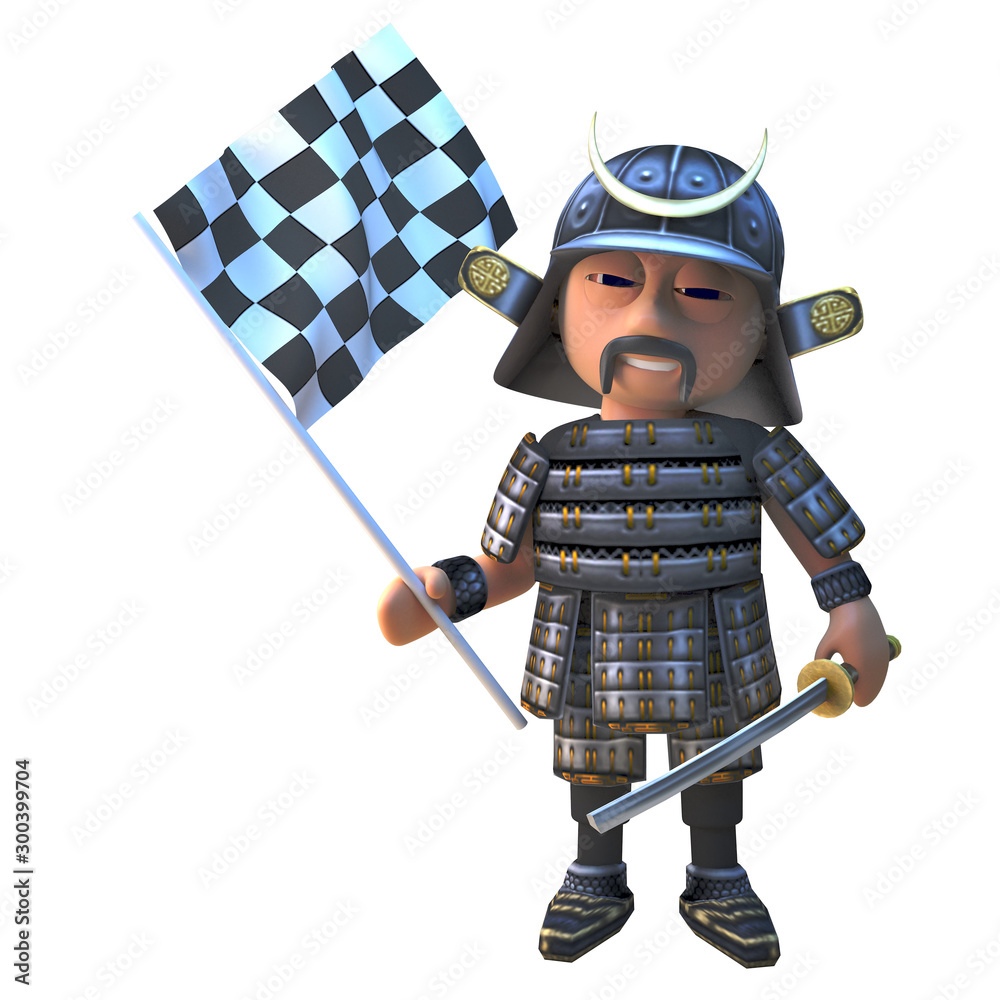 Cartoon 3d Japanese samurai warrior with sword holding a checkered flag ...