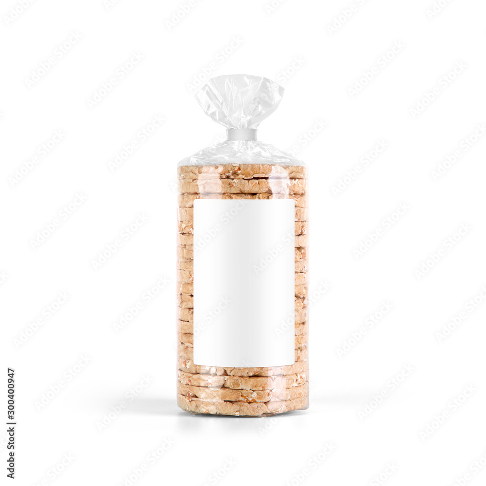 Puffed whole grain Crispbread stack in transparent plastic bag with ...