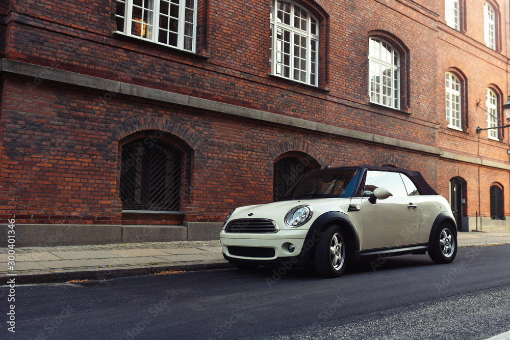 Copenhagen / Denmark - 07.24.19: Mini Cooper Cabrio Coupe parked in old ...