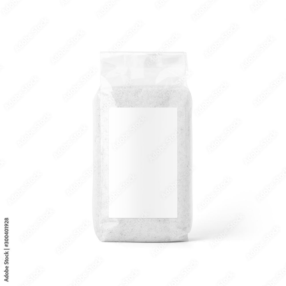 Salt in transparent plastic bag with label isolated on white background ...