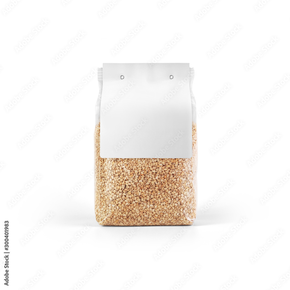Sesame seeds in transparent plastic bag with white label isolated on ...