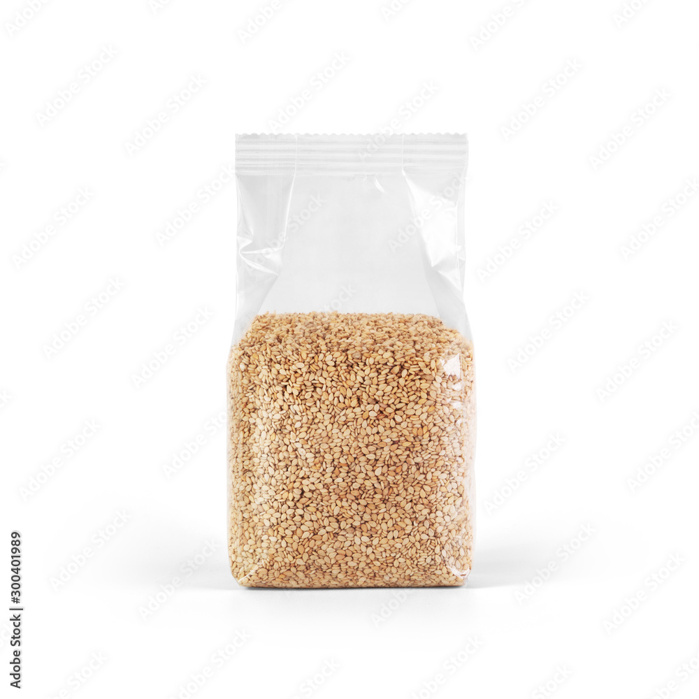 Sesame seeds in transparent plastic bag isolated on white background ...