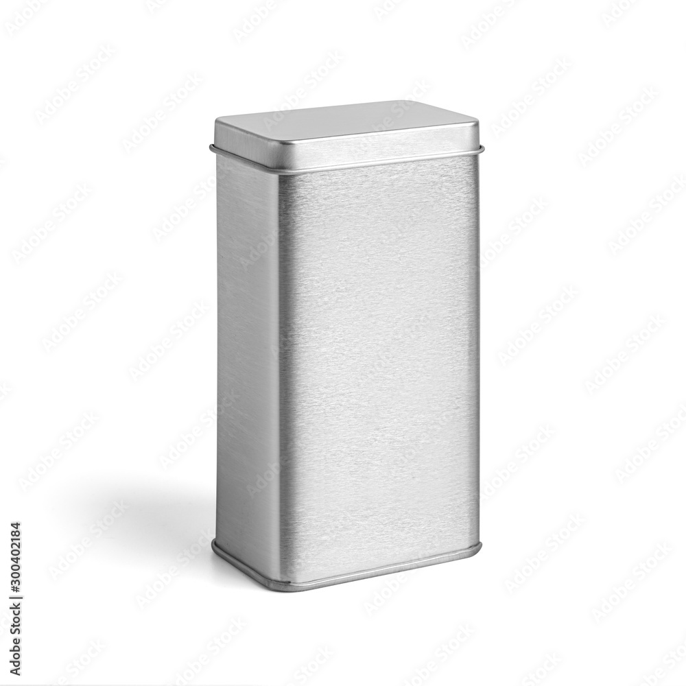 Square metal tin can box with lid isolated on white background ...